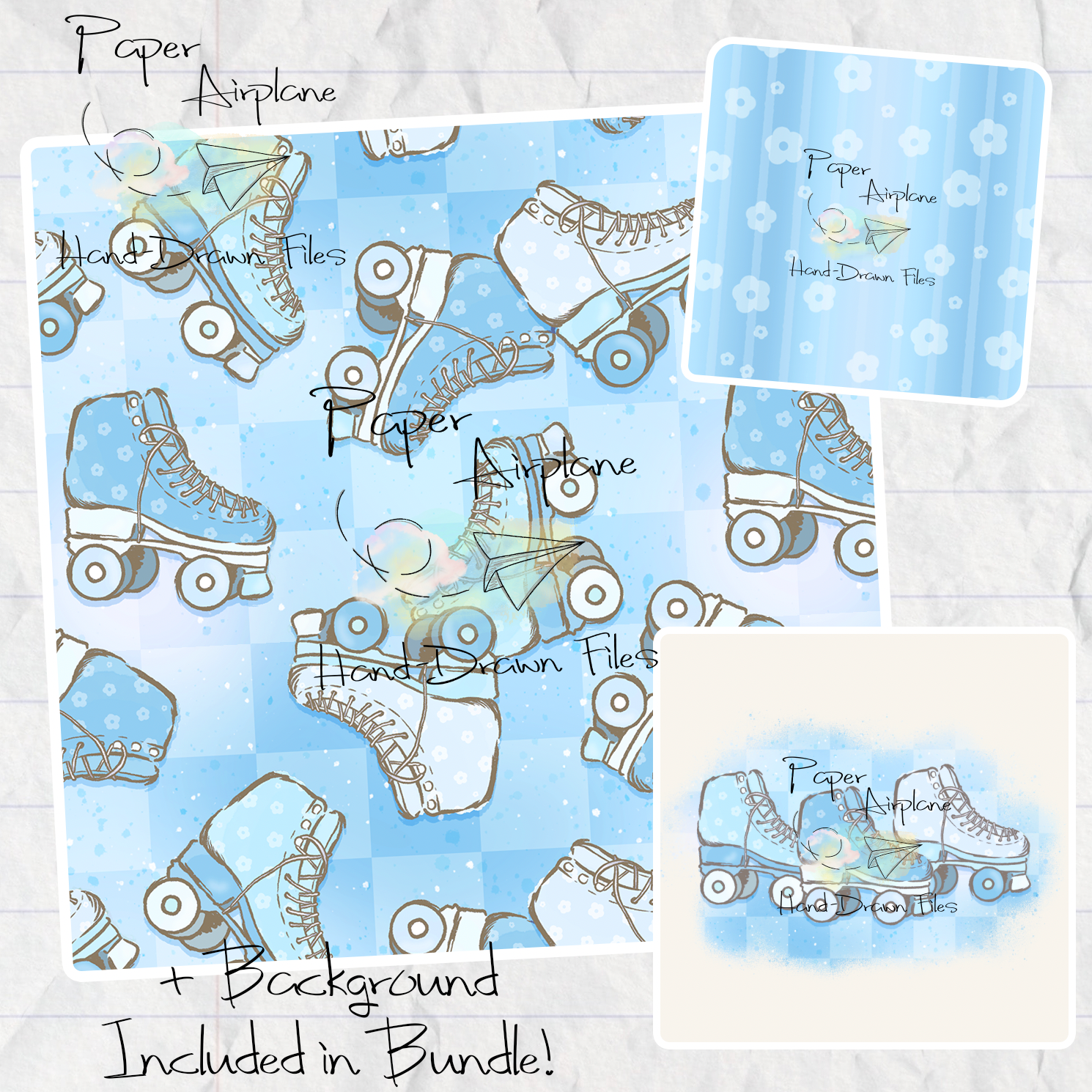 Roller Skates (Blue Flowers) – Paper Airplane Hand-Drawn Files