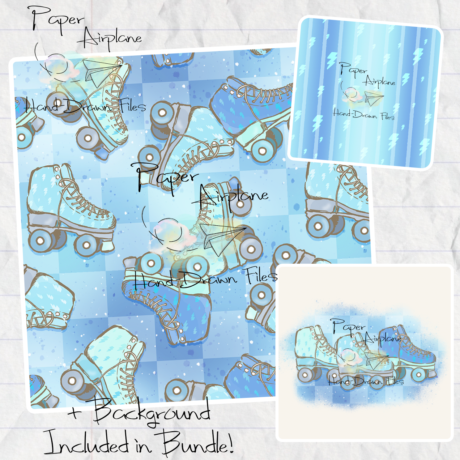 Roller Skates (Blue Bolts) – Paper Airplane Hand-Drawn Files