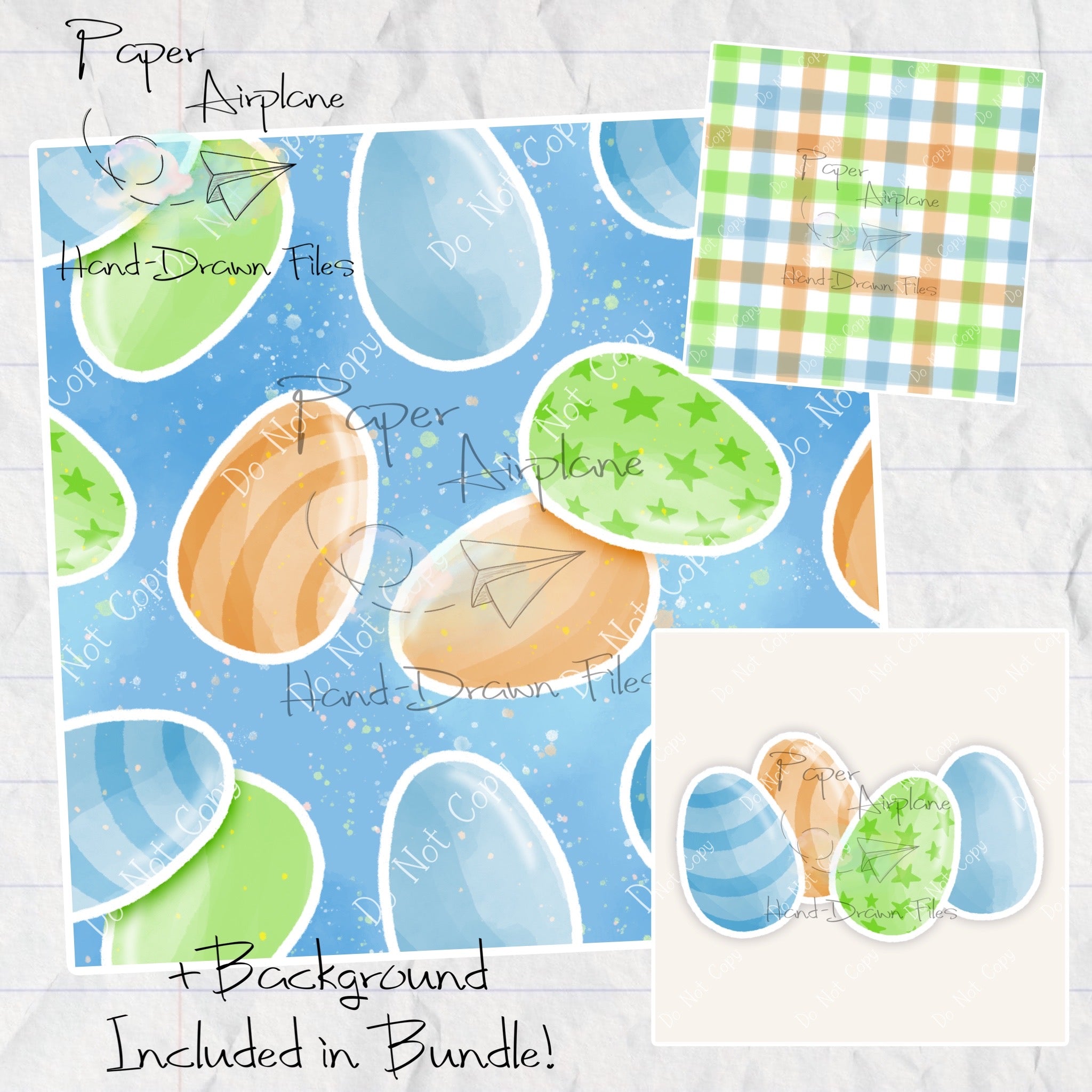 Easter Eggs (Blue, Green, Orange) – Paper Airplane Hand-Drawn Files