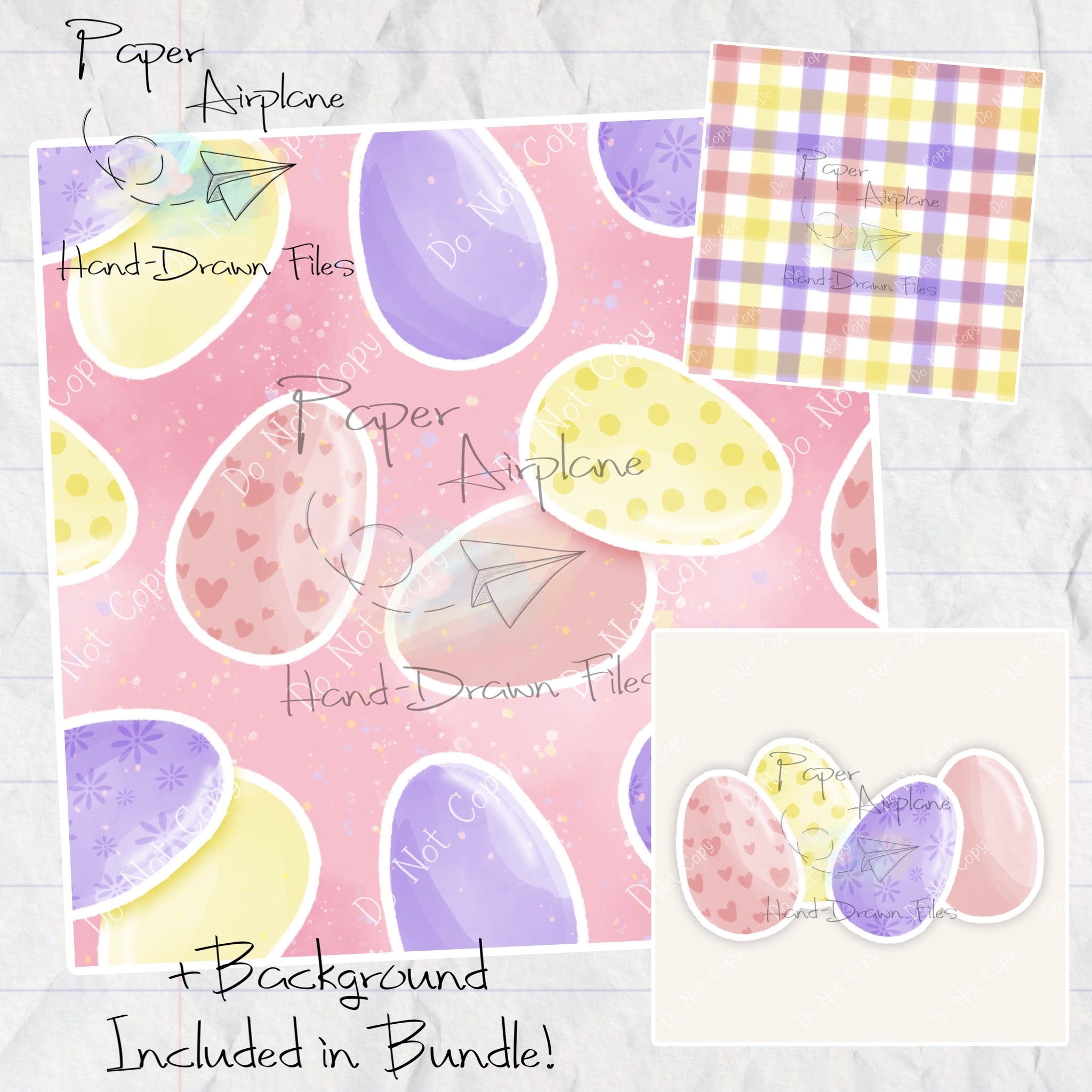 Easter Eggs (Pink, Purple, Yellow) – Paper Airplane Hand-Drawn Files